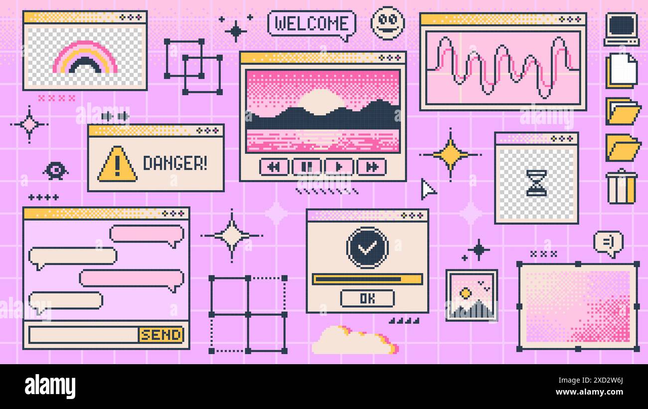 Retro y2k computer window page interface. Vector pc desktop with folders, loading bar, program ...