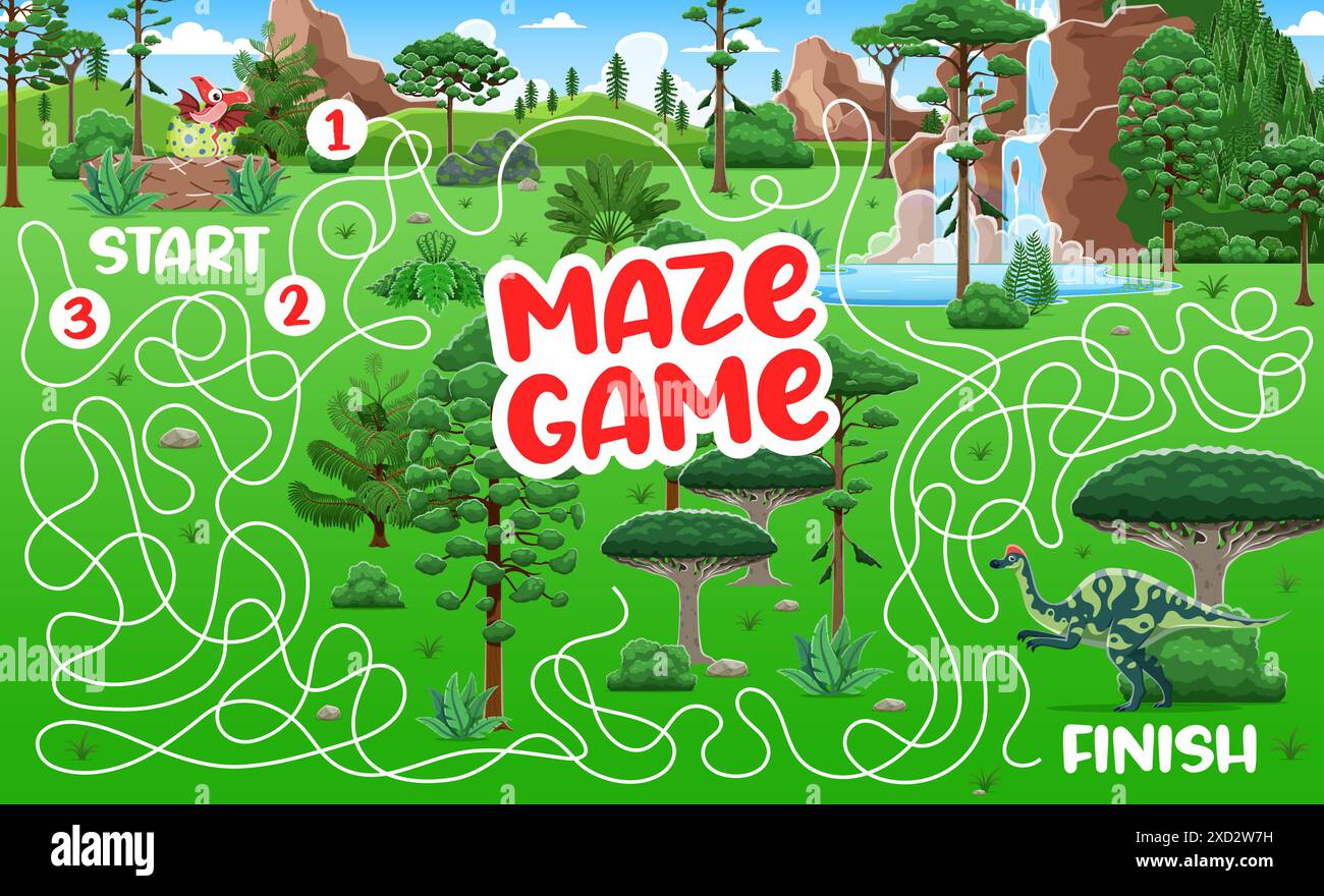 Labyrinth maze game, help to dino kid to find mother dinosaur, vector ...