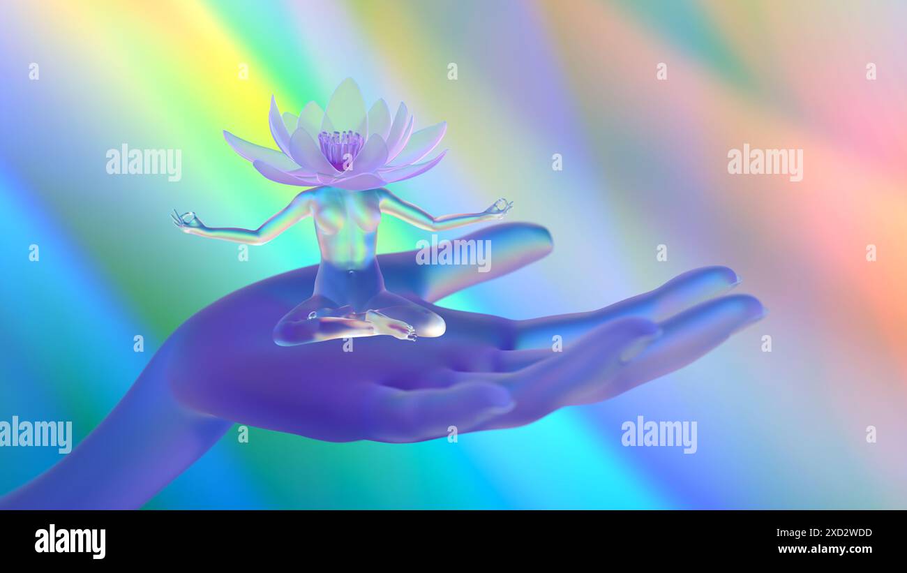 3d illustration astral meditation in the hands of a translucent god ...