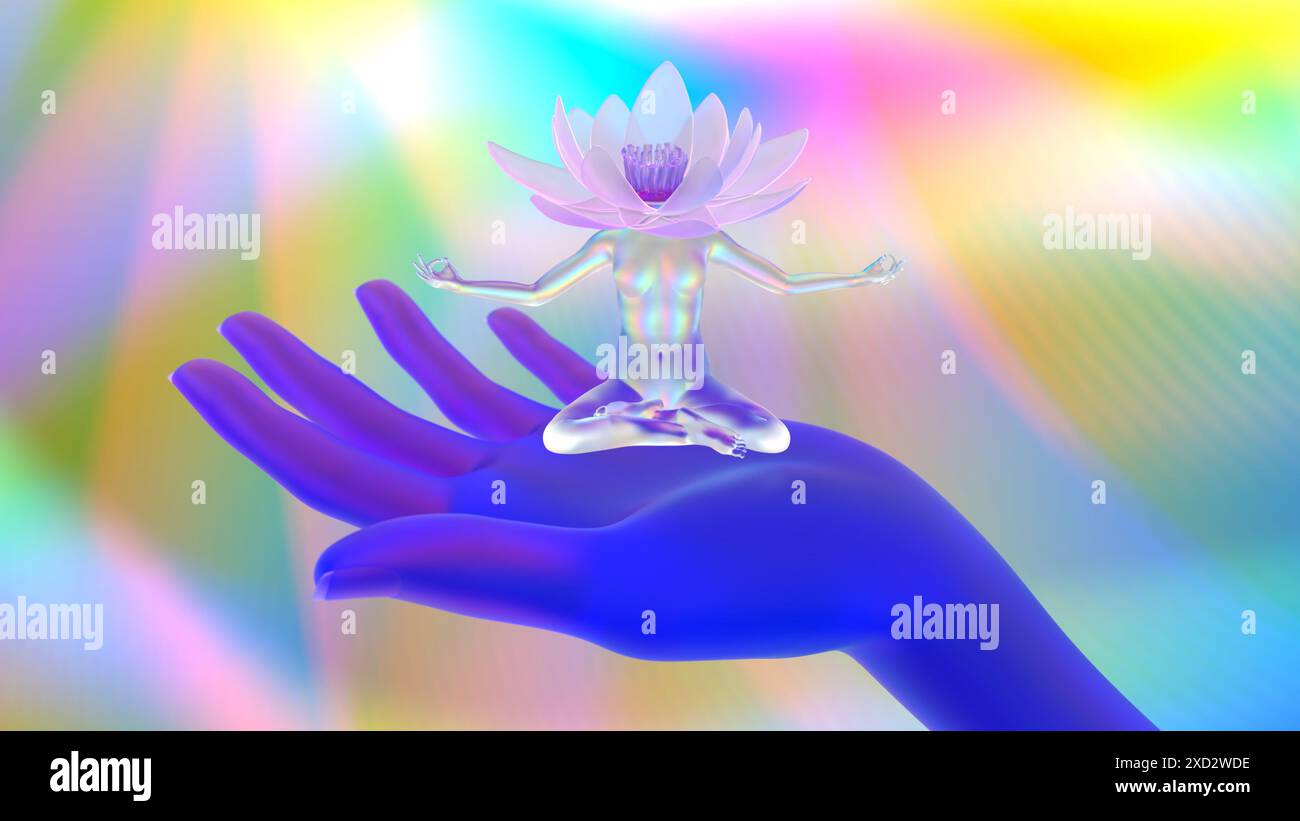 3d illustration astral meditation in the hands of a translucent god ...