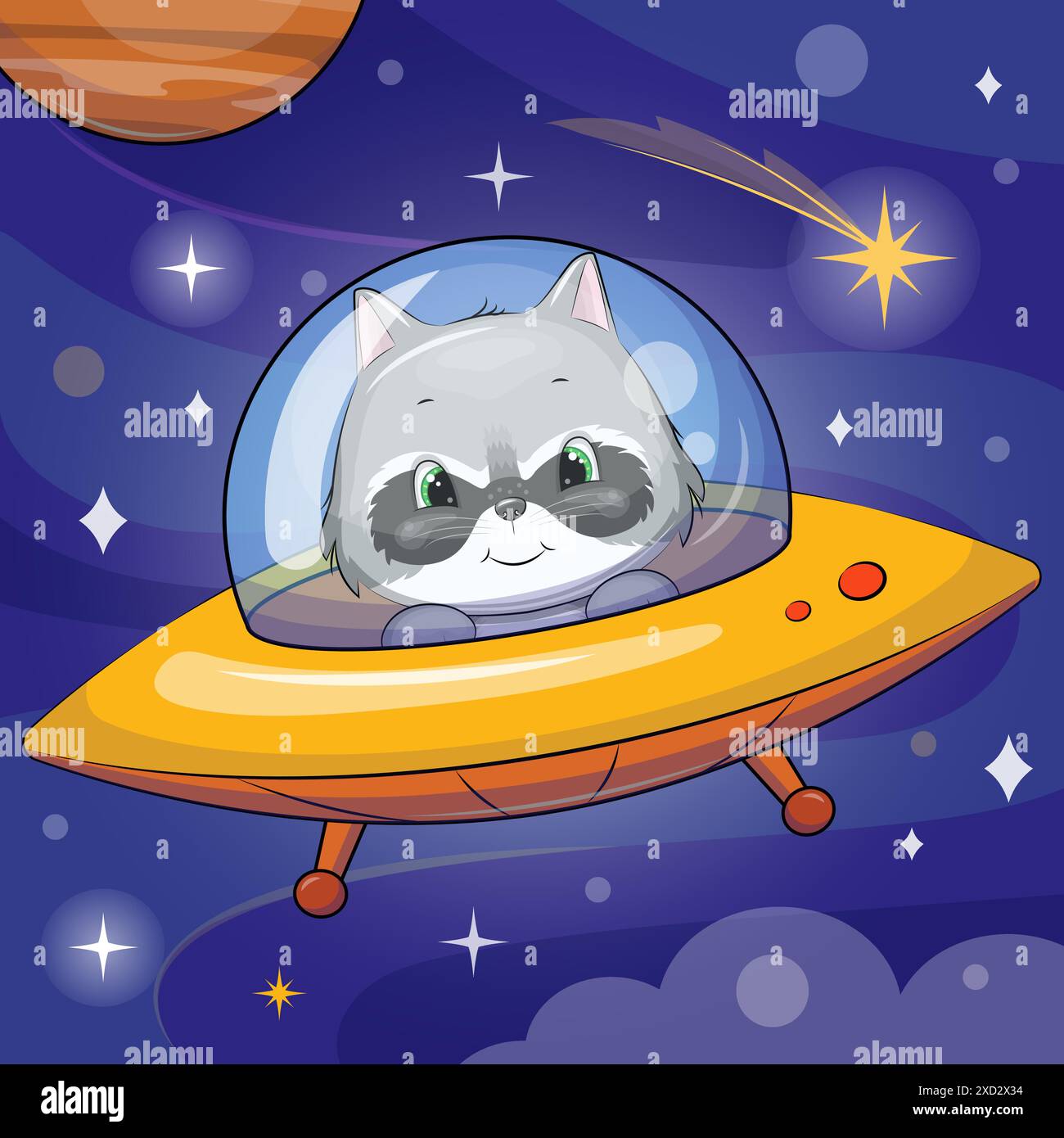 Cute cartoon raccoon in a spaceship. Vector illustration of an animal ...