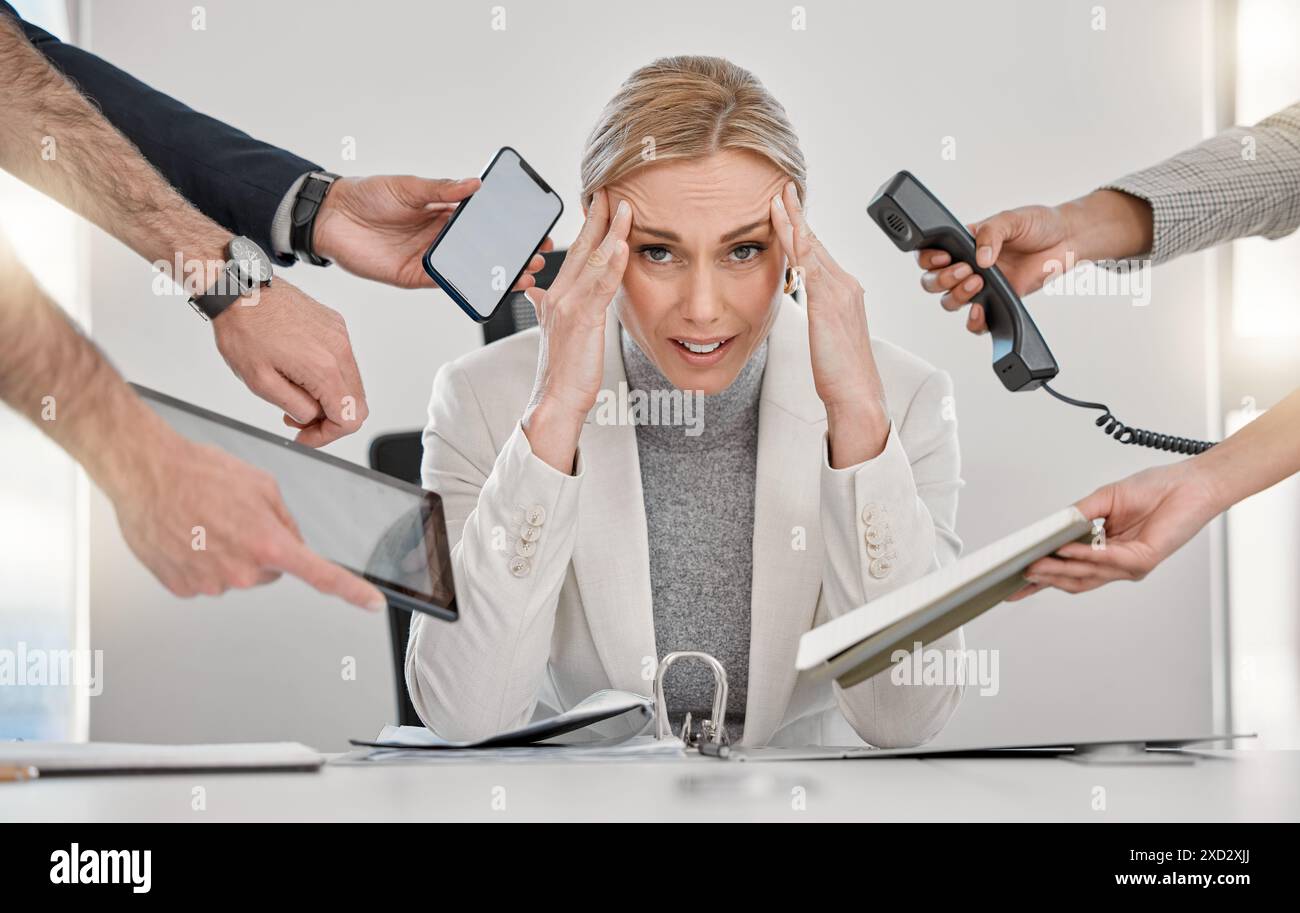 Chaos, hands and woman with portrait, workflow crisis and business ...