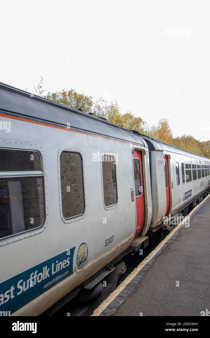 East Suffolk Lines passenger train waiting at Campsea Ashe station ...