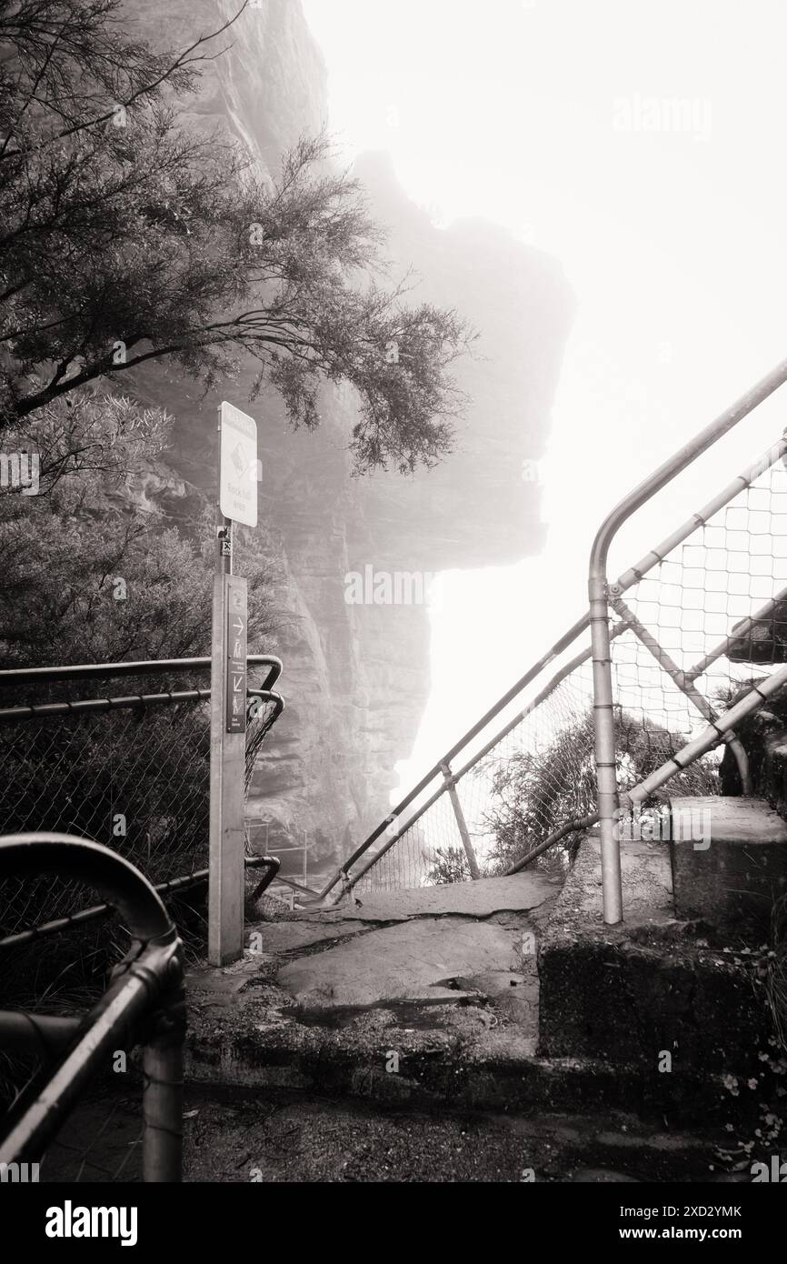 Giant Stairway trail junction shrouded in heavy fog, void, cliff ...