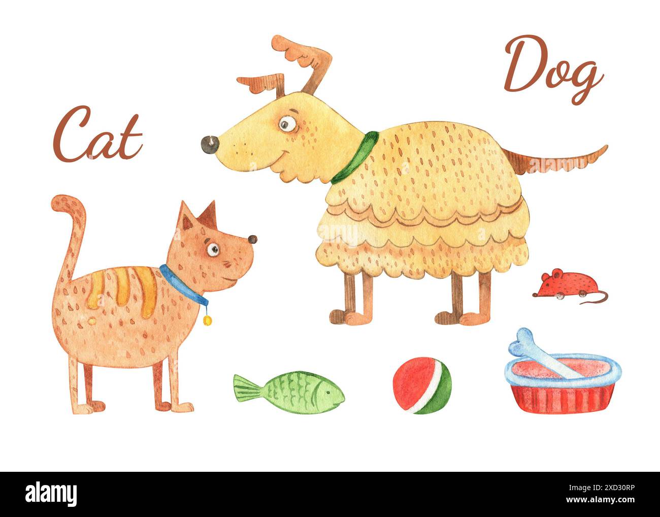 Set of watercolor illustrations of cat, dog, pet products, accessories ...