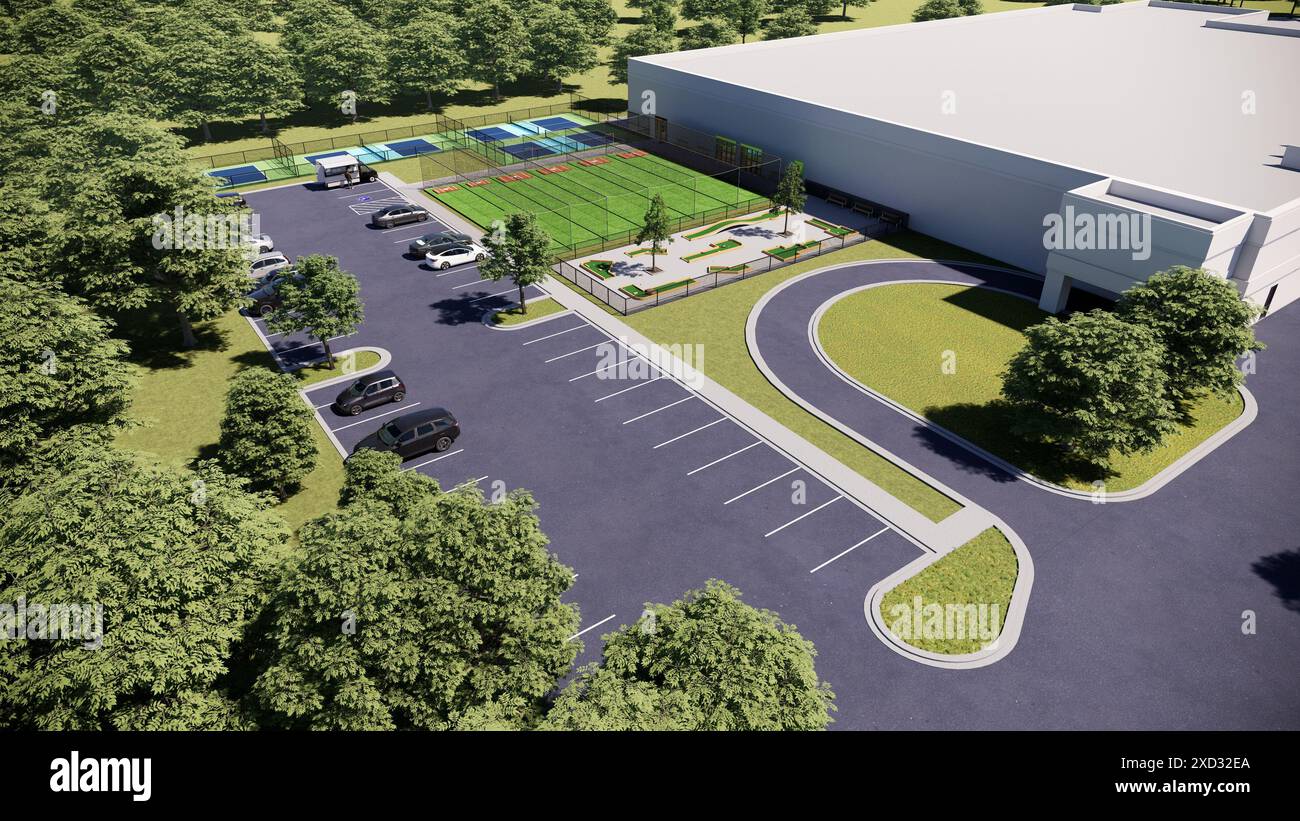 aerial view of a sports complex. There are also tennis courts, baseball ...