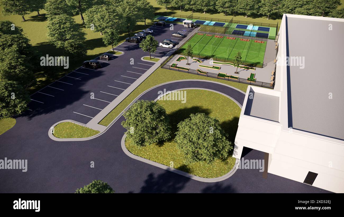 aerial view of a sports complex. There are also tennis courts, baseball ...