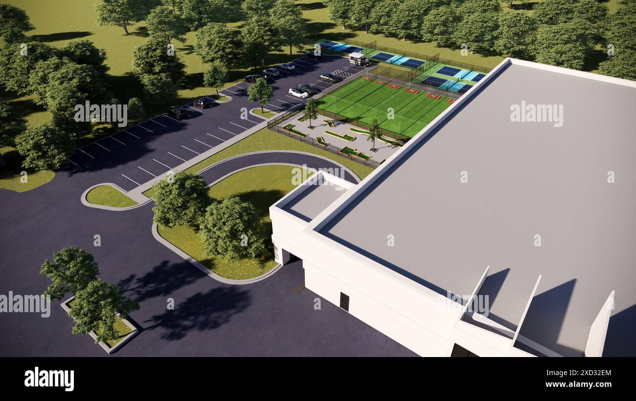 3d render aerial view of a sports complex. There are also tennis courts ...