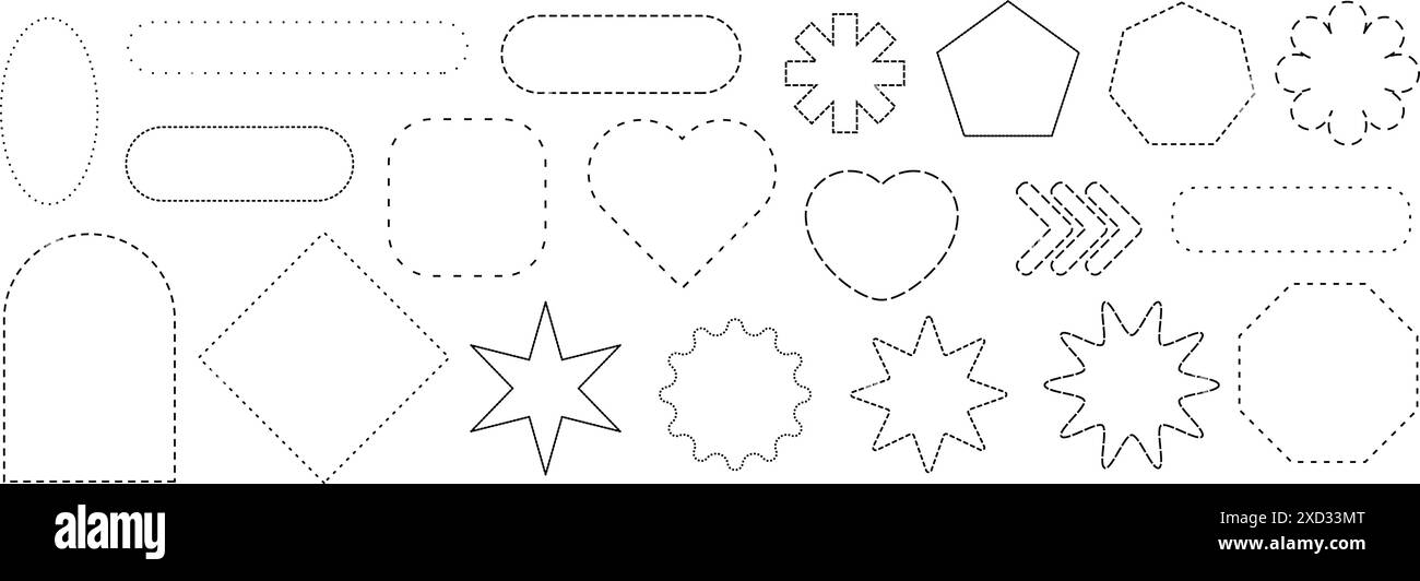 Set of various dotted line shapes including hearts, stars and geometric ...