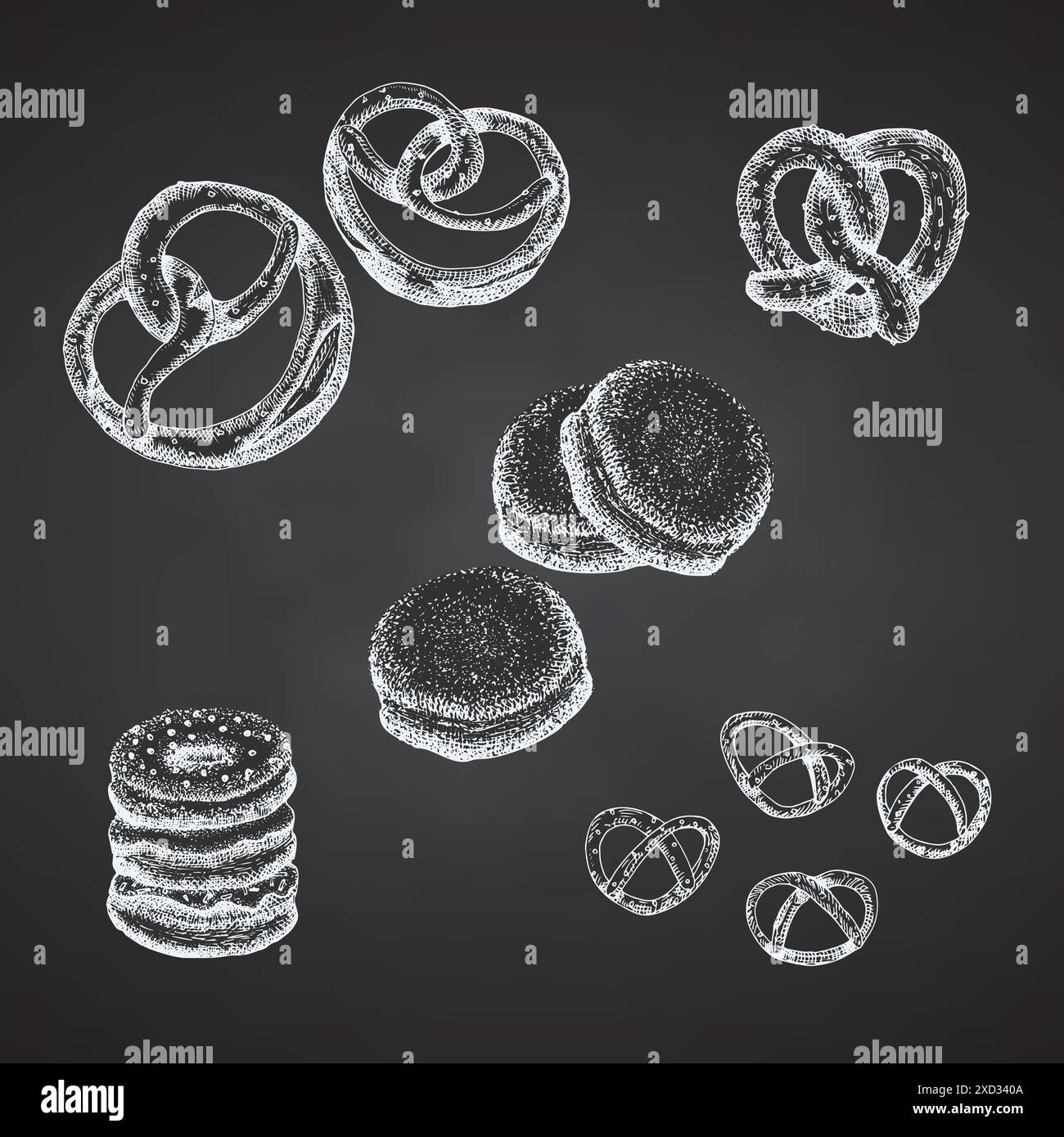 Tasty pretzel, donut Brezel chalk sketch hand drawn, engraving art ...