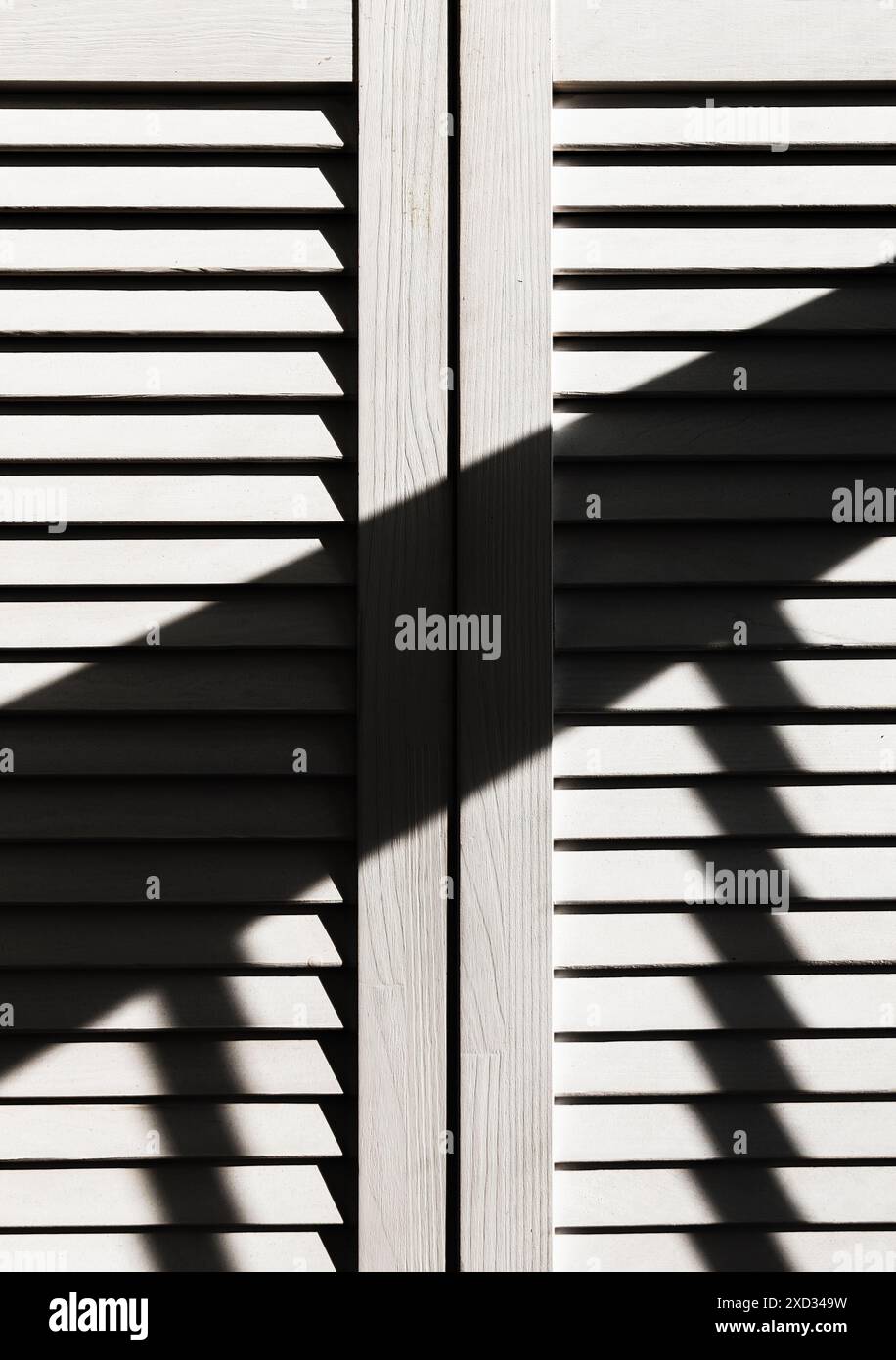 White wooden door with louvres. Light and shadows. Abstract texture ...