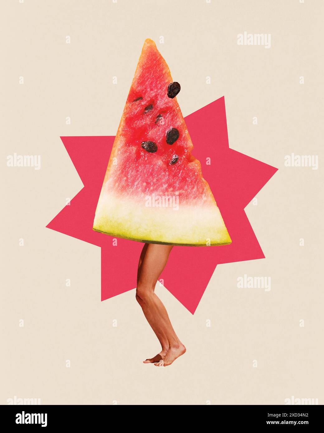 Contemporary art collage. Person with sweet watermelon instead of body ...