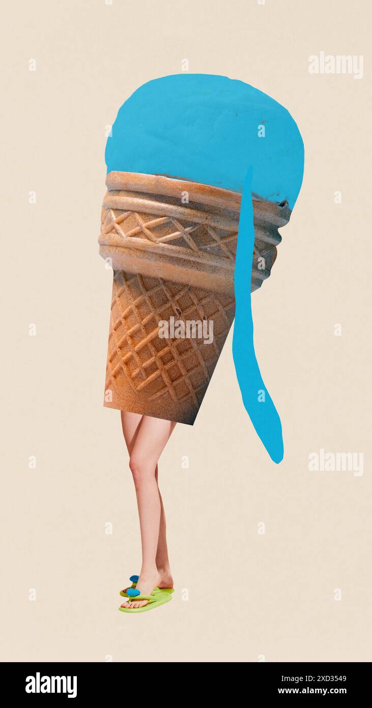 Contemporary art collage. Person with cold, refreshing ice cream ...
