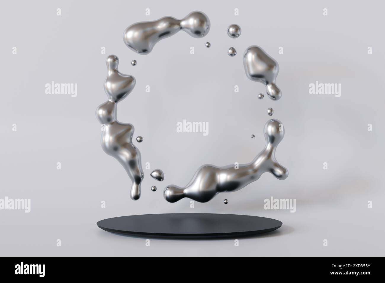 Metallic podium with liquid metal splash on gray background. Mock up ...