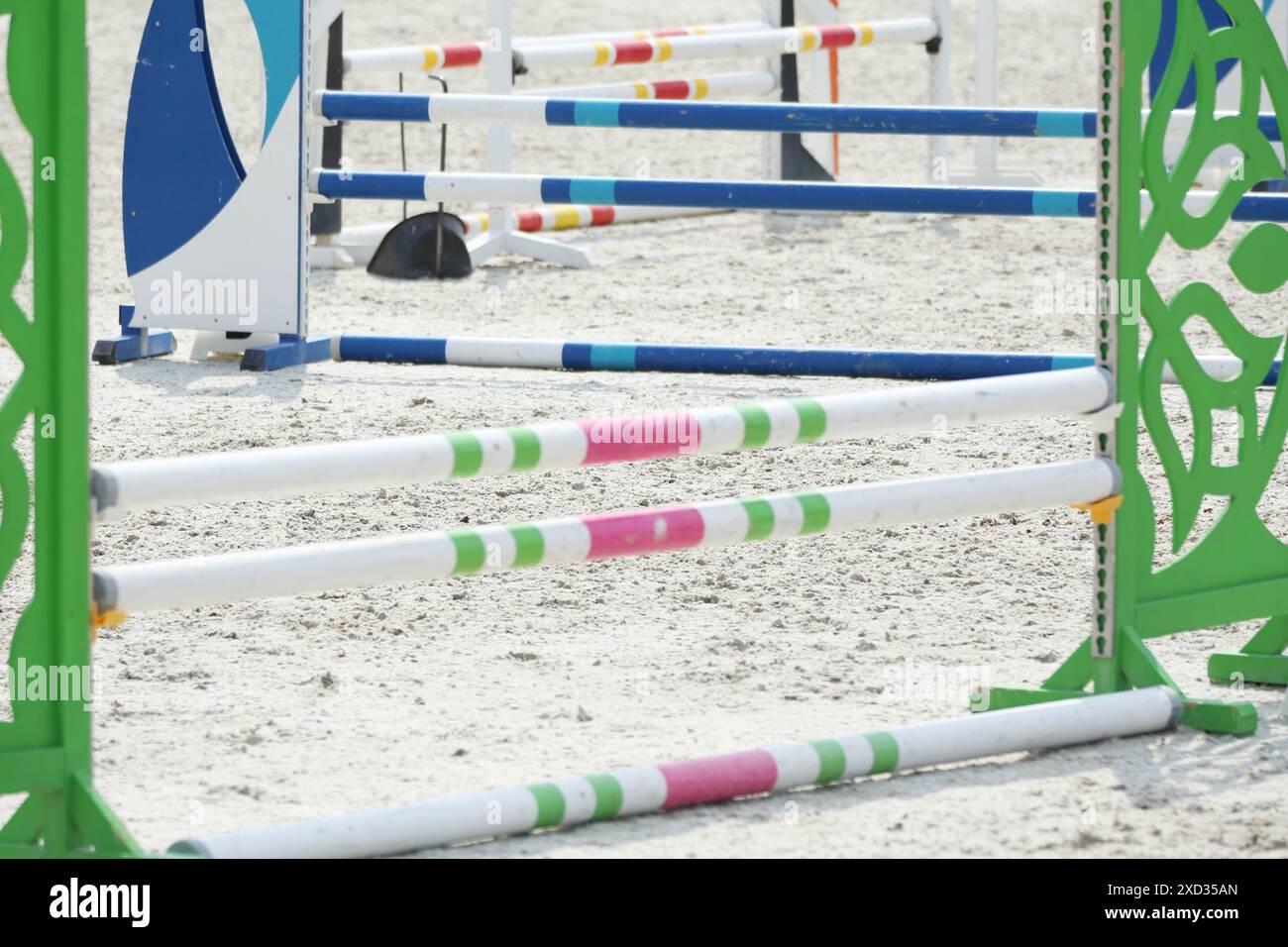 Show jumping poles obstacles, barriers, waiting for riders on show ...