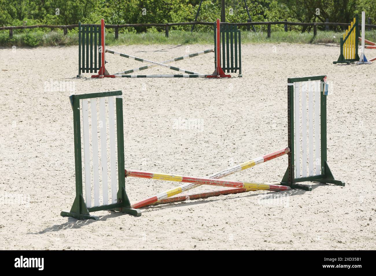 Show jumping poles obstacles, barriers, waiting for riders on show ...