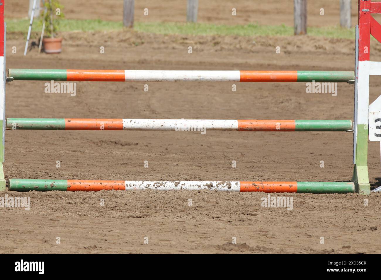 Show jumping poles obstacles, barriers, waiting for riders on show ...