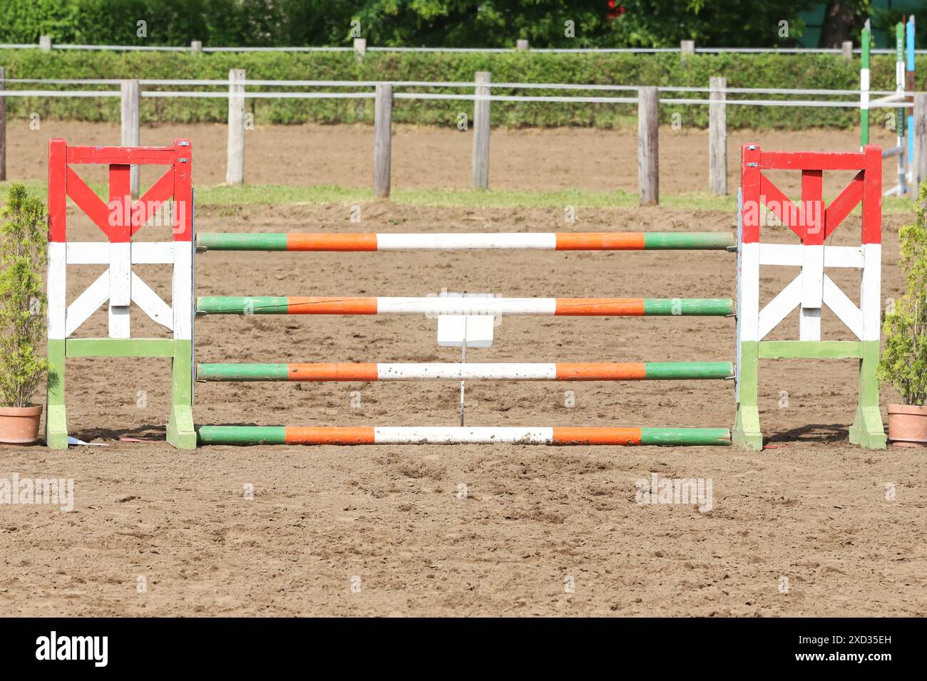 Show jumping poles obstacles, barriers, waiting for riders on show ...