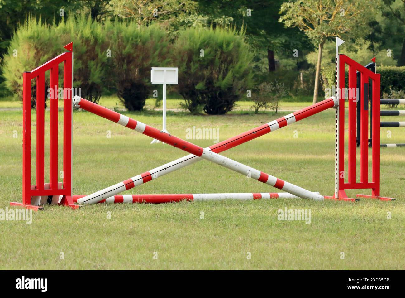 Show jumping poles obstacles, barriers, waiting for riders on show ...