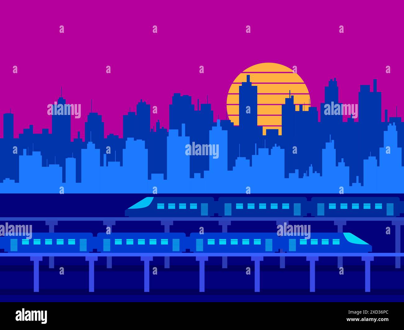 Modern cityscape with trains and skyscrapers. View of the city at ...