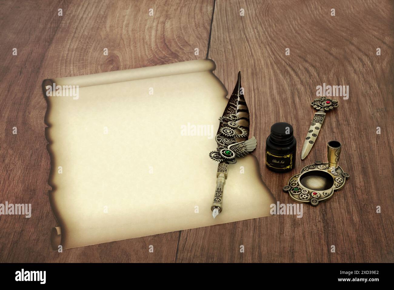 Parchment faded paper scroll with old feather quill pen, ink, letter ...