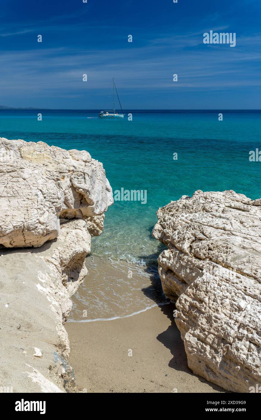 Rocks at Cala Luna beach and clear transparent blue water in the Gulf ...