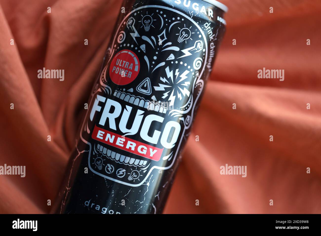KYIV, UKRAINE - APRIL 20, 2024 Frugo energy drink in black tin can on ...