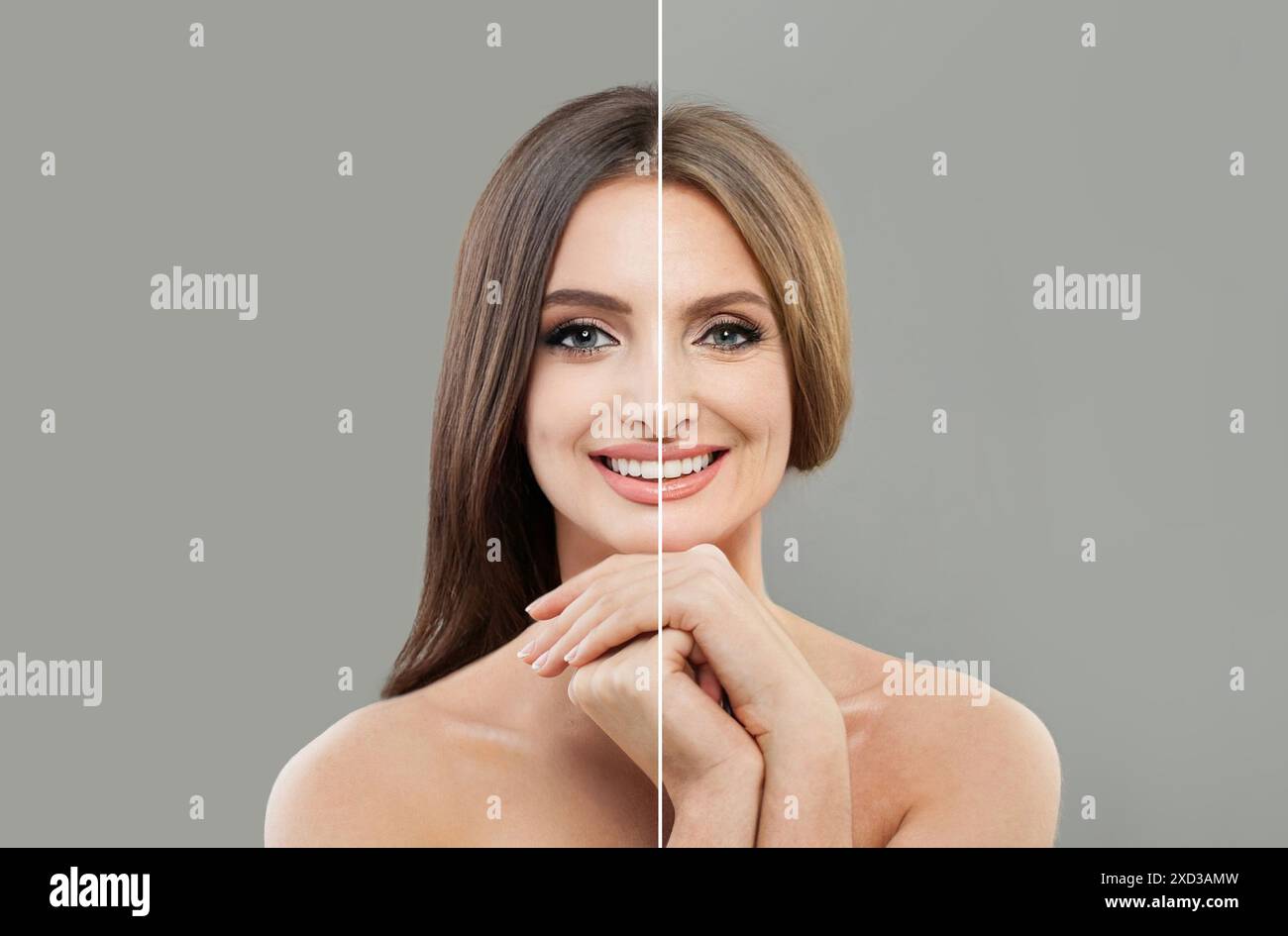 Comparison portrait of perfect woman on gray background. Process of ...