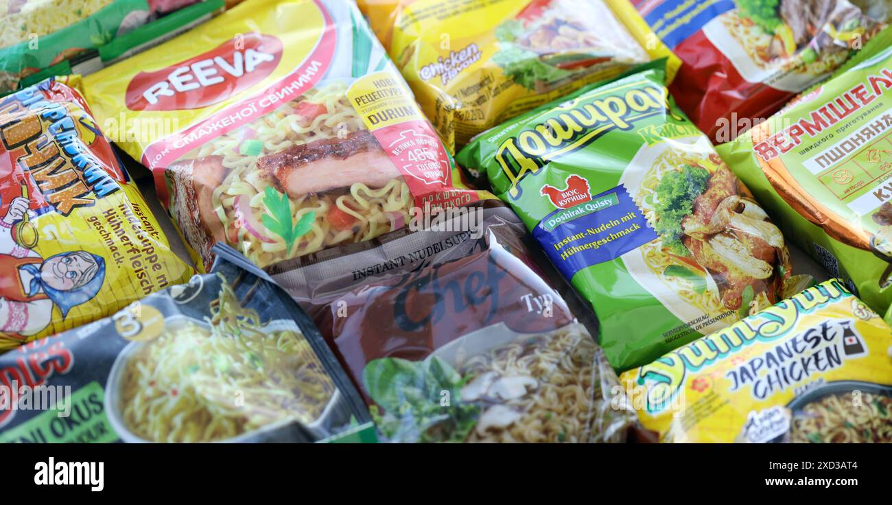 KYIV, UKRAINE - APRIL 20, 2024 Many packs of instant noodles for fast ...