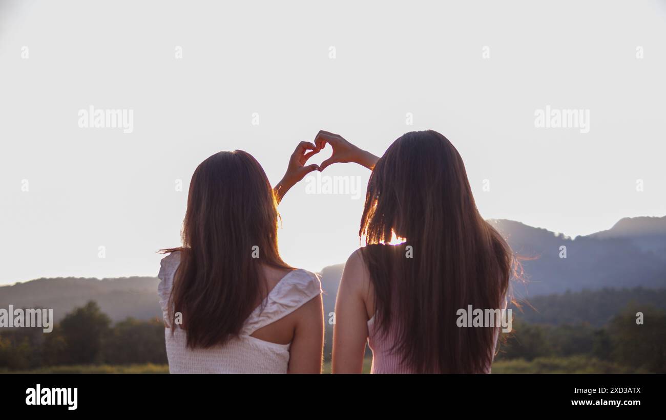 Silhouette couple hands raised up make heart shape on beautiful evening ...