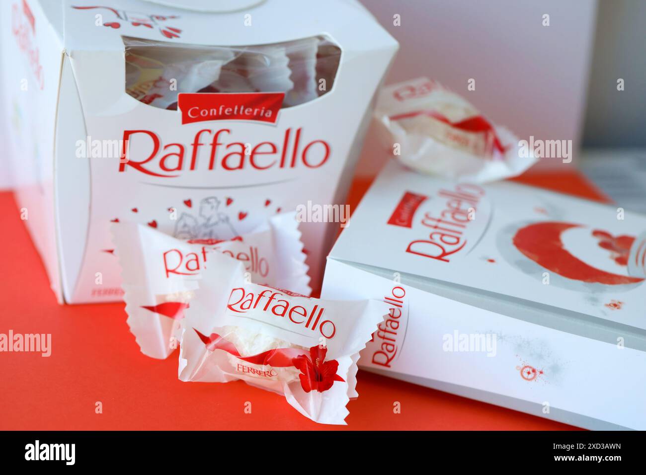 KYIV, UKRAINE - APRIL 20, 2024 Ferrero Raffaello premium sweets ...