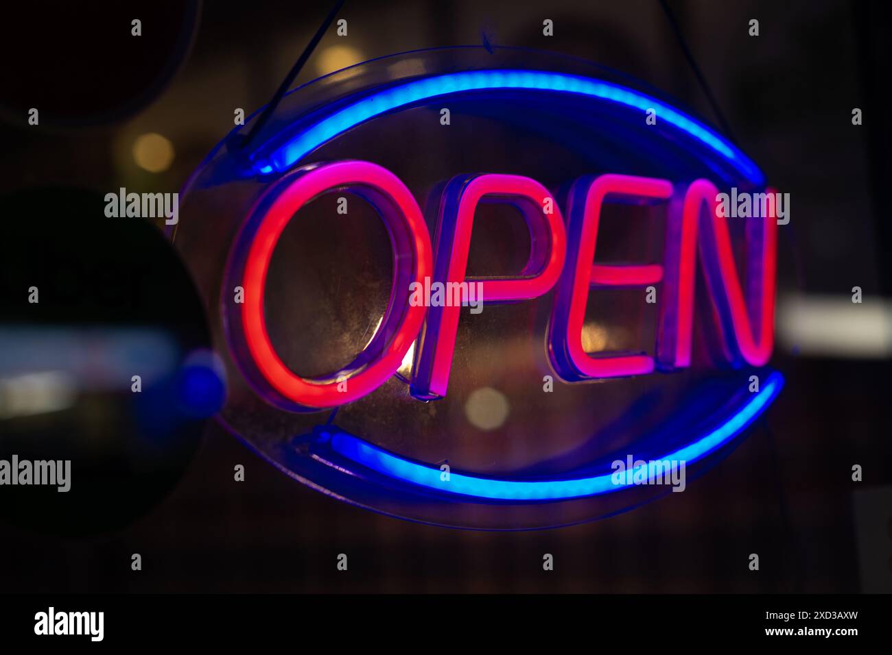 Neon Open Sign in Window Stock Photo - Alamy