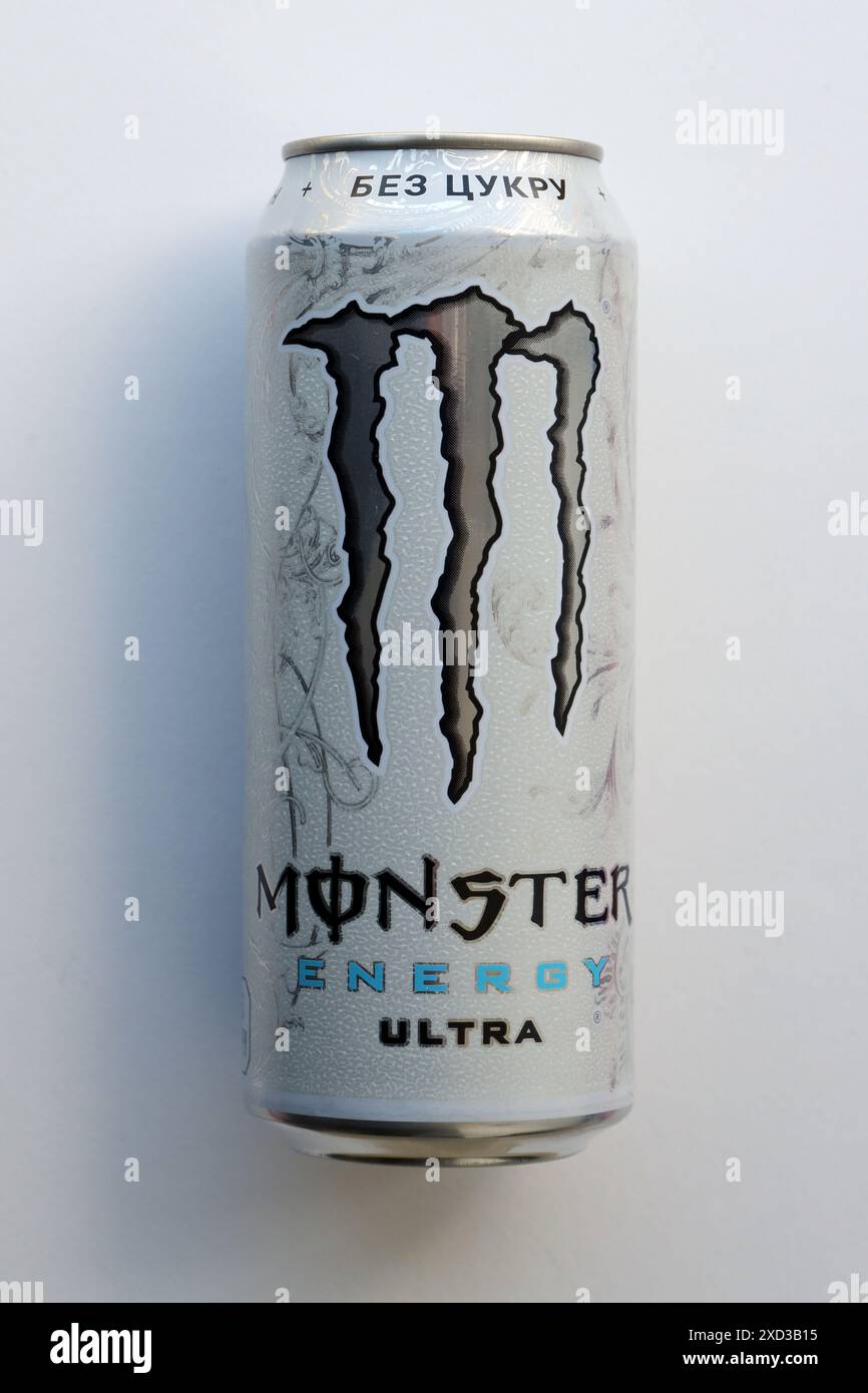 KYIV, UKRAINE - APRIL 20, 2024 Monster energy ultra drink in aluminum ...