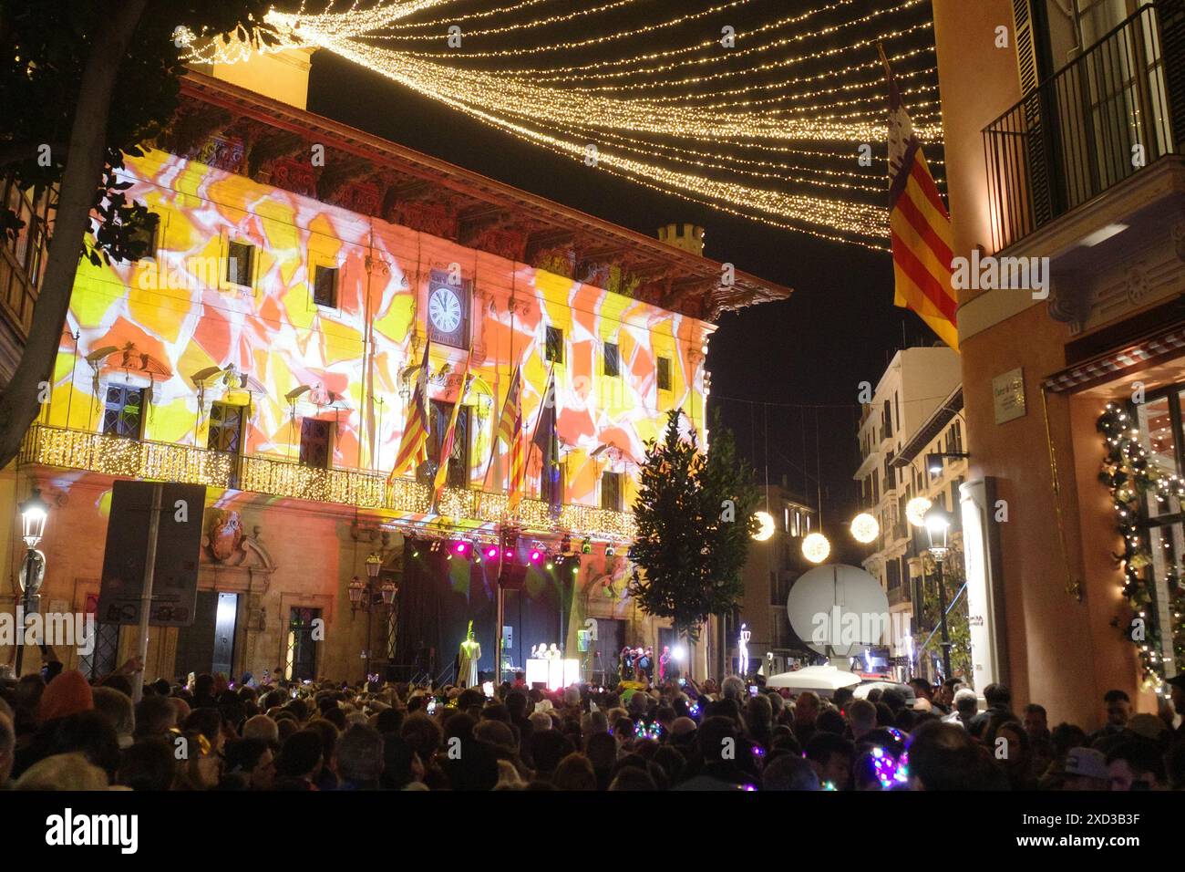 Palma, Spain - Dec 31, 2023: Festive decorations on New Years Eve in ...