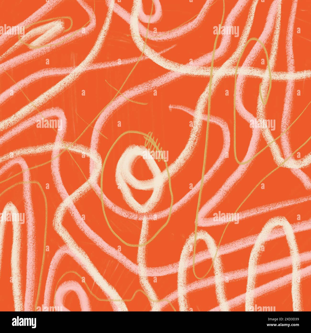 This playful illustration features a vibrant orange background with whimsical white scribble ...