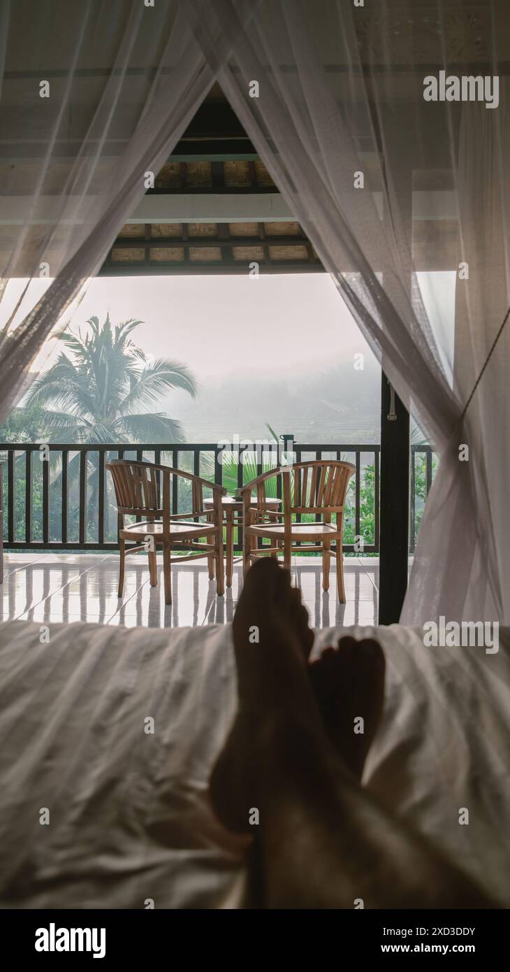 Serene morning view from a bed with white canopy curtains overlooking a ...