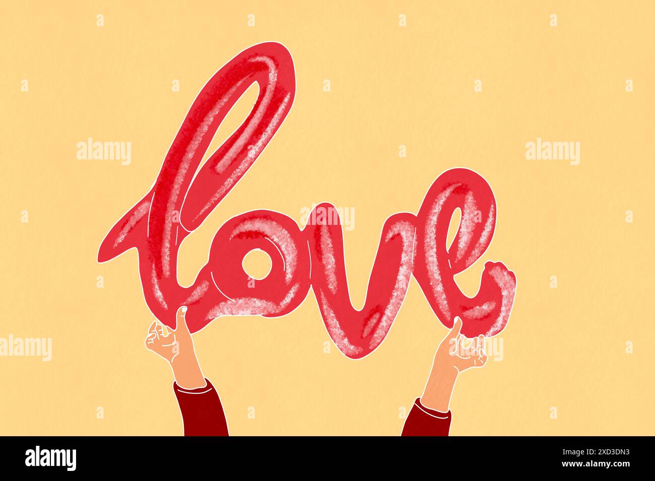 A vibrant illustration featuring two hands lifting the word LOVE ...
