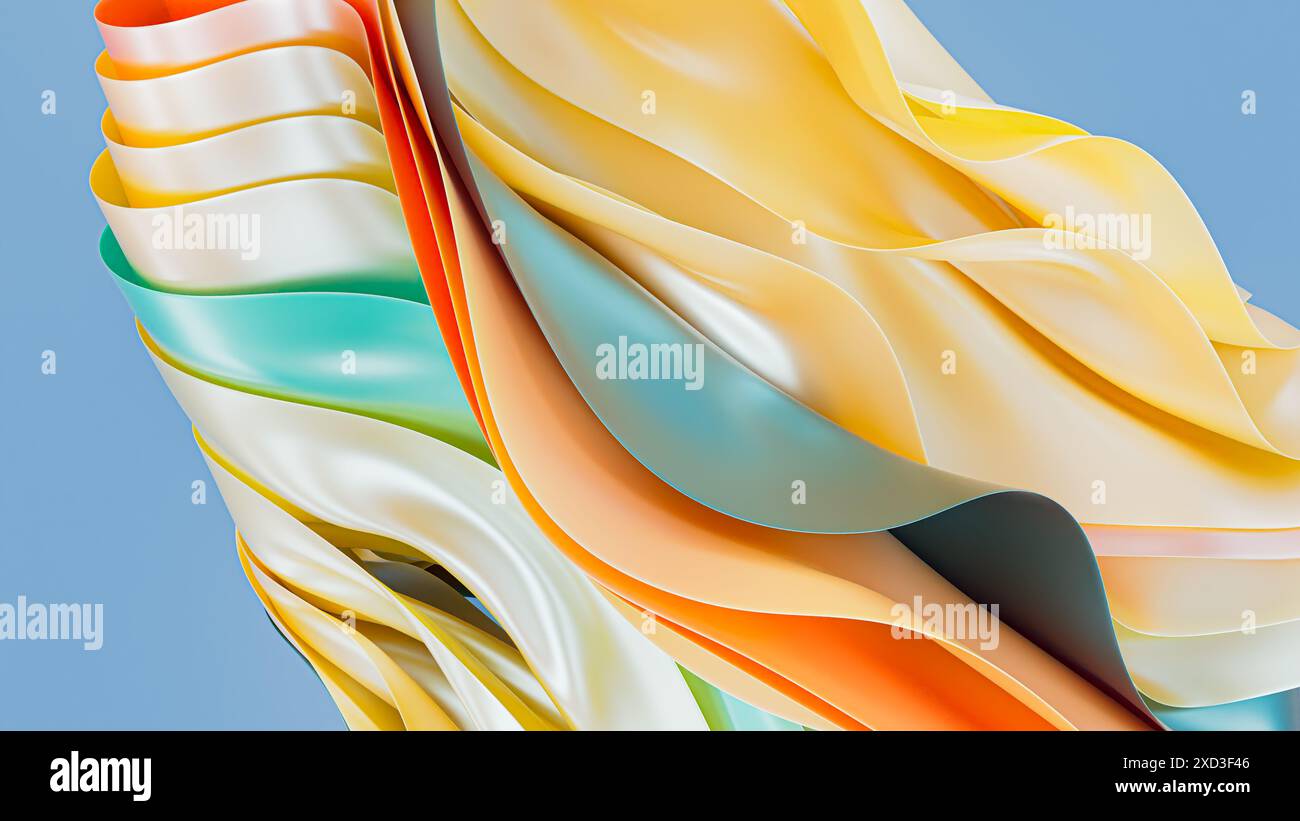 This stunning visual presents a 3D rendering of layered, flowing fabrics in vibrant and soft ...