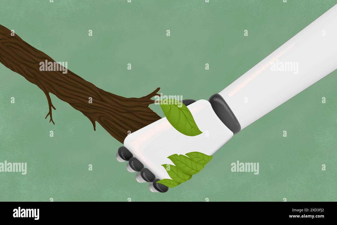 This illustration depicts a handshake between a tree branch and a robot ...