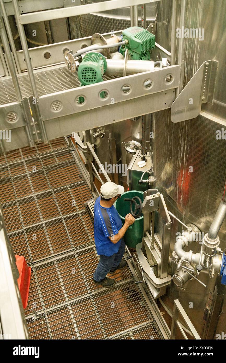 A worker monitors stainless steel fermentation tanks at a contemporary ...