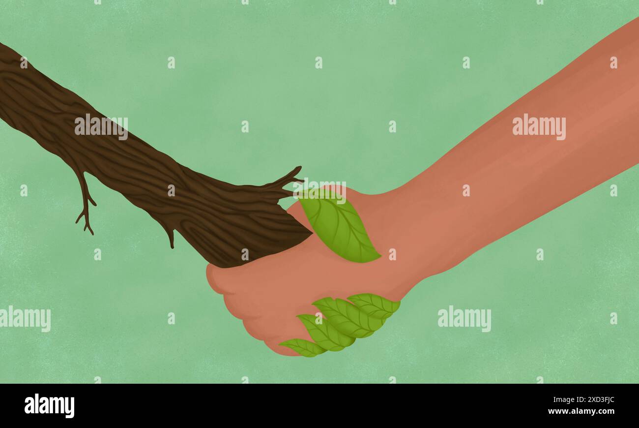 A creative illustration depicting a handshake between a human hand and ...
