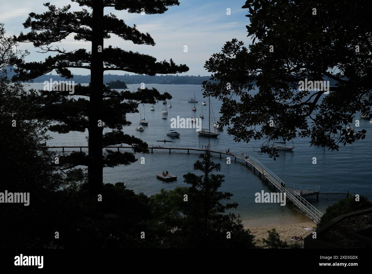 Looking down to the pontoon and boardwalk at Murray Rose pool, a family ...