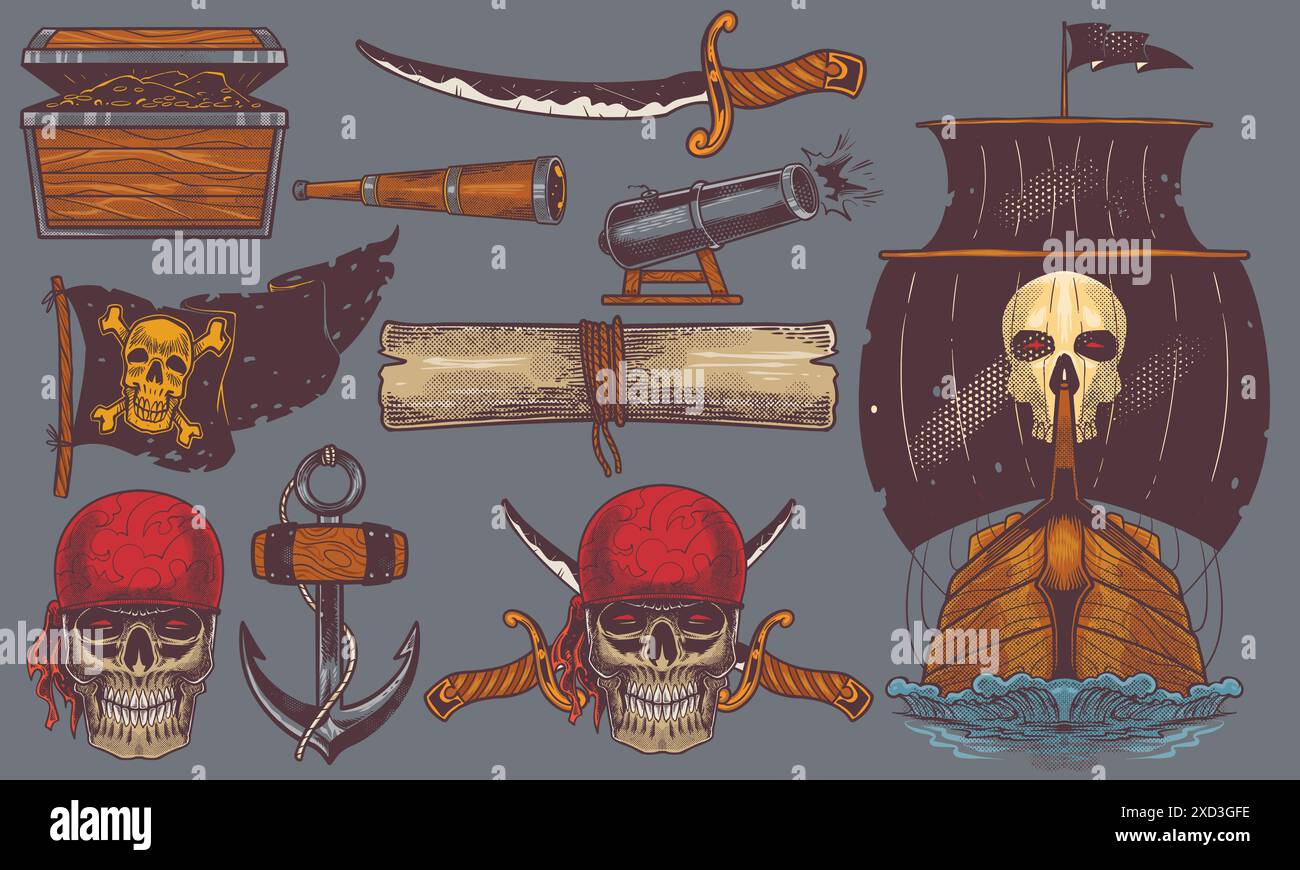 Pirates equipment set hand drawn doodle vintage drawing in colorful ...