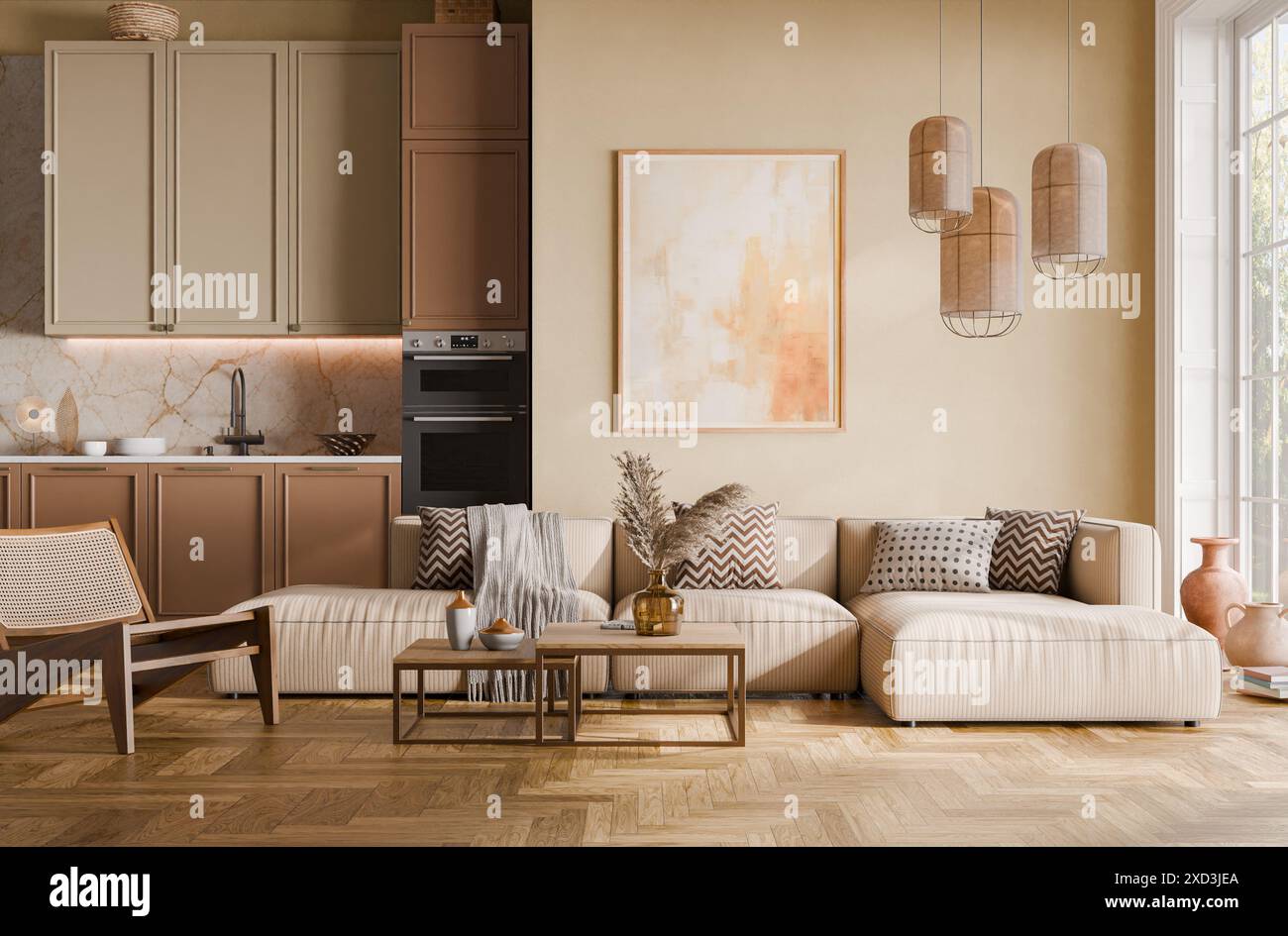 Contemporary interior design of the living room in soft neutral tones ...