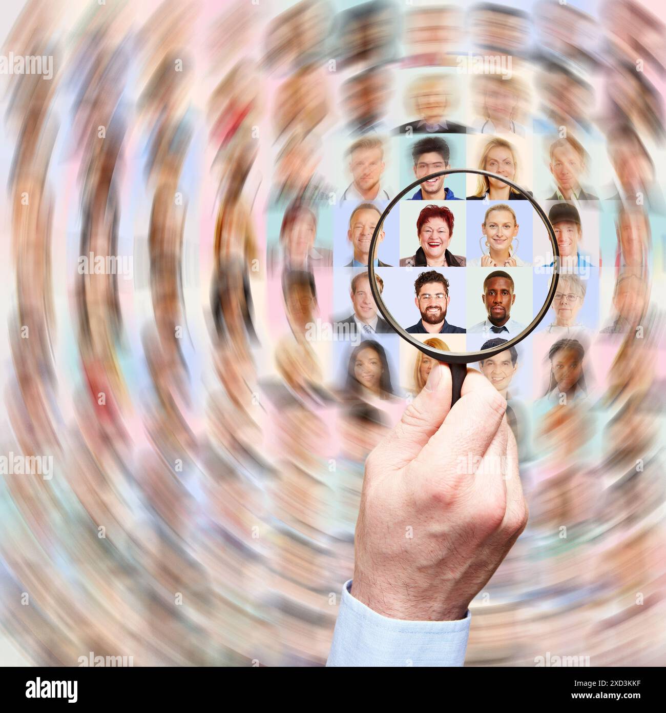 Hand with magnifying glass picks out the right employees from a ...