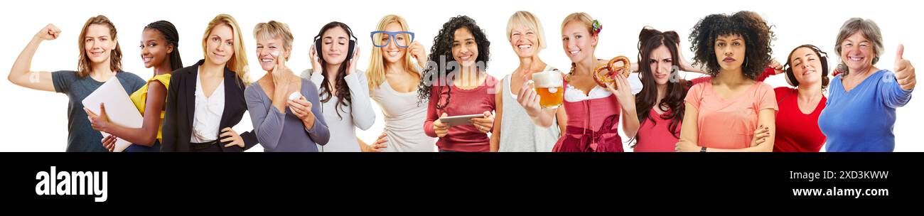 Panorama collage of adult women in work and leisure with various ...