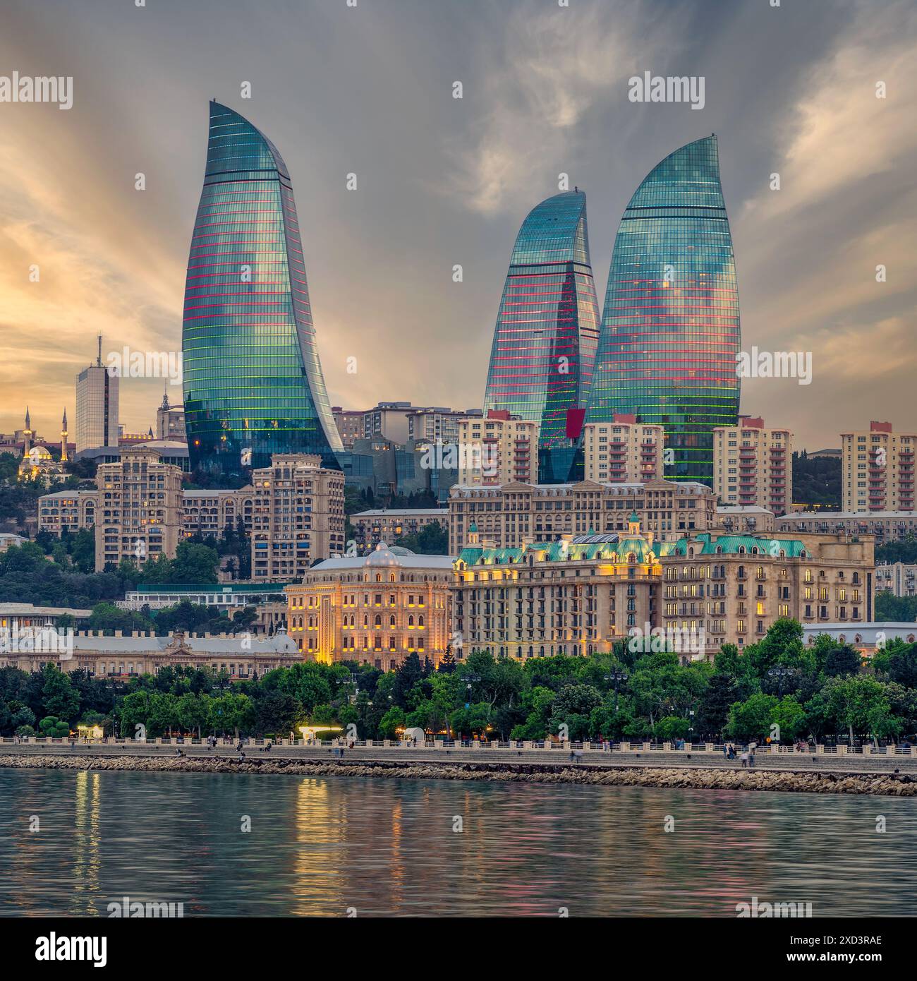 Night view of the iconic illuminated Flame Towers in Baku, Azerbaijan ...