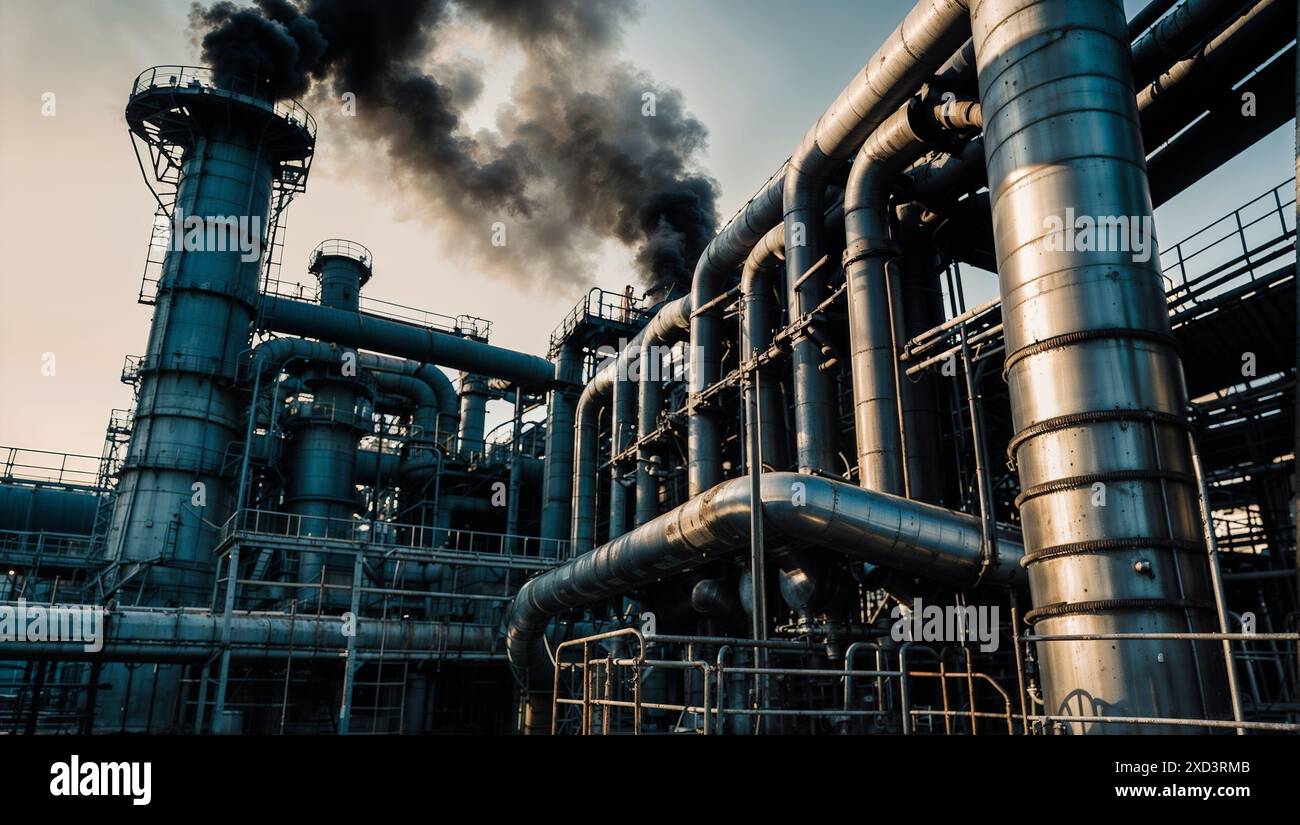 Factory pipes with black smoke coming out Stock Photo - Alamy