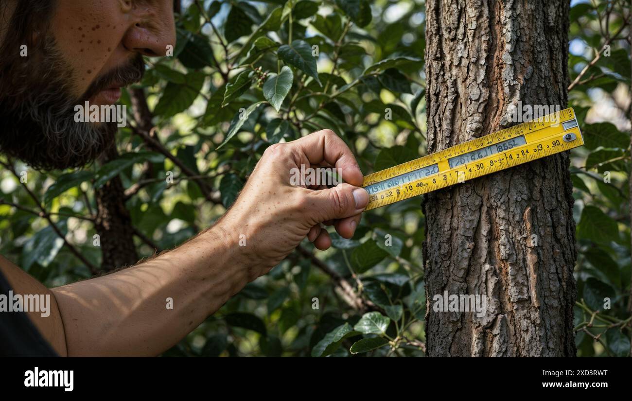 view of man's hands measuring the thickness of a tree branch with a ...