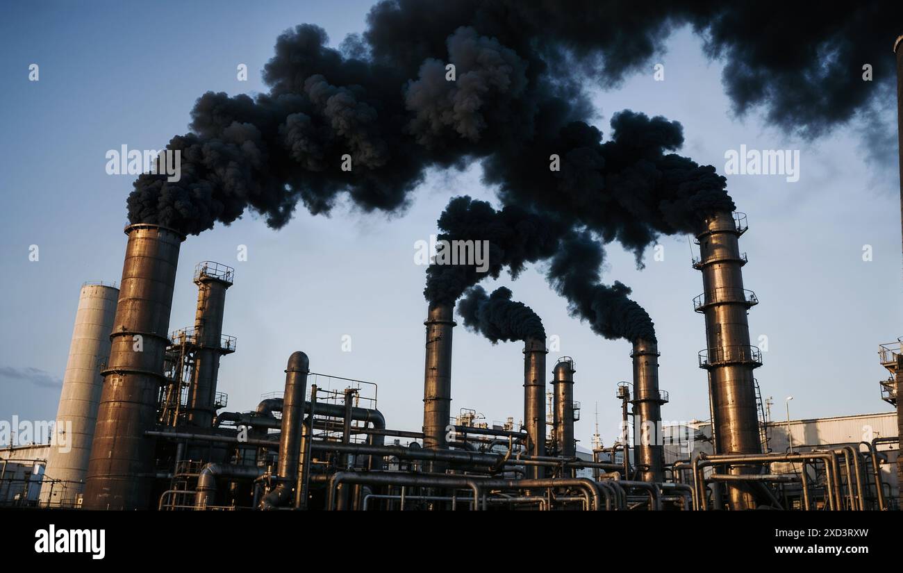 Factory pipes with black smoke coming out Stock Photo - Alamy